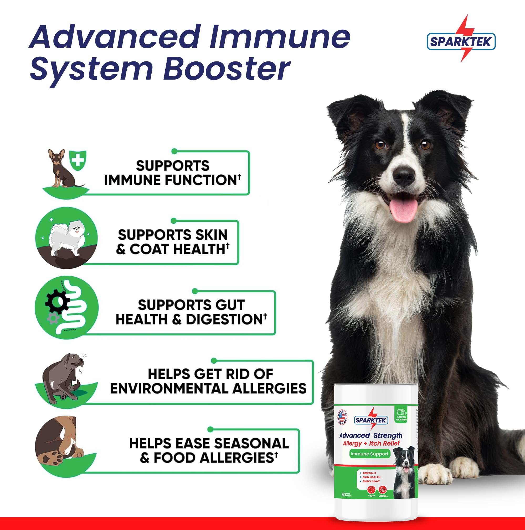 Sparktek Allergy Soft Chews Supports Dog Seasonal Allergies-Hot Spots-Itch Relief - Enhanced with Omega-3 Fatty acids,Tumeric Root,Grape Seed Extract,Quercetin,Pumkin Powder to Help The Immune System