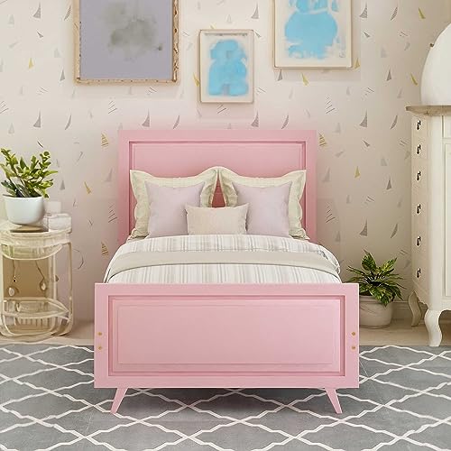 RIDFY Wood Twin Bed Frame with Headboard/Footboard, Modern Platform Camas Frame, Wood Slat Support Mattress Foundation/Noise Free/No Box Spring Needed/Easy Assemble (Pink)