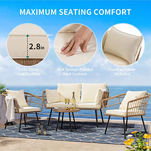 YITAHOME 4 Pieces Patio Furniture Set, Wicker Balcony Bistro Set, Outdoor All-Weather Rattan Conversation Set with Loveseat Chairs Table Soft Cushions for Backyard, Pool, Deck, Garden - Beige
