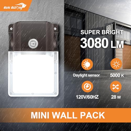 Run Bison 28W 3080LM LED Wall Pack Light with Dusk to Dawn Photocell, IP65 Waterproof Outdoor Security Flood Lighting for Garage Warehouse Garden 5000K-Daylight 2Pack