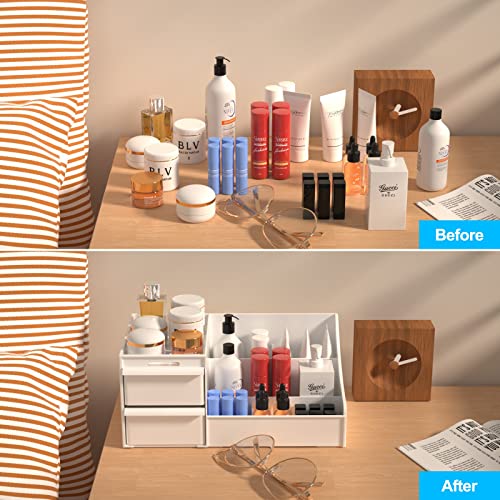 VZINO Drawer Makeup Organizer for Vanity, Large White Desk Organizer for Cosmetics, Skincare, or Stationery, Perfect for Bedroom and Office Countertops