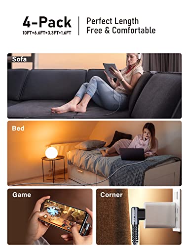 MRGLAS 4-Pack USB C to USB C Cable 60W 3.2A, [90°, Gold-Plated] Type C Charger Fast Charging for iPhone 15 Pro Max Plus, [10+6.6+3.3+1.6FT] USB C Charger Cable for Samsung S24 S23,iPad Pro,MacBook Pro