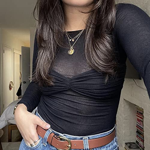 Women's Sexy Crop Top Long Sleeve Off Shoulder Going Out Tops Slim Fit Mesh Ruched Twisted Blouse Y2K T Shirt