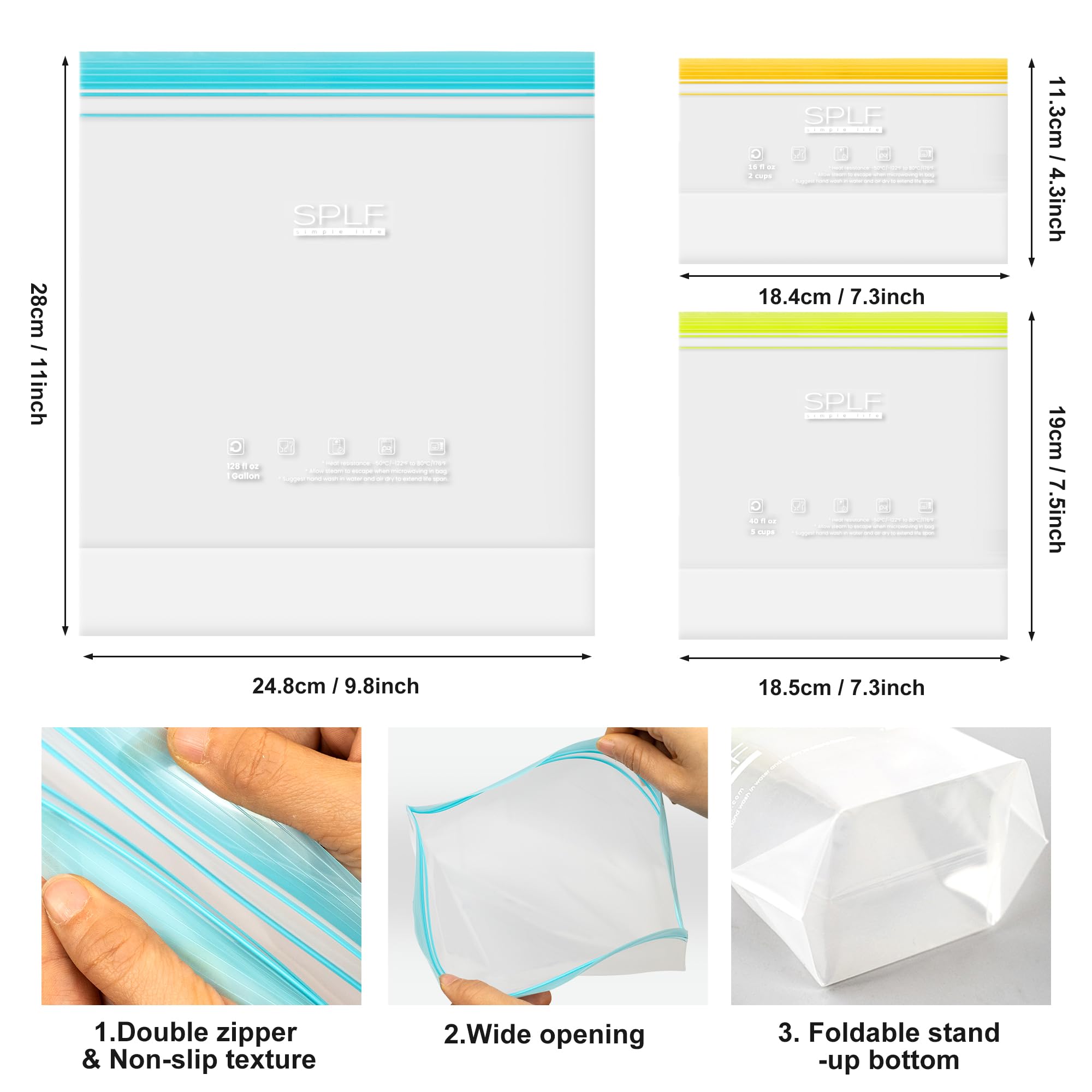 SPLF 24 Pack Reusable Food Storage Bags Dishwasher Microwave Safe, BPA Free Reusable Freezer Bags, Silicone Free Containers for Meal Prep, Fridge Kitchen Organization - 8 Gallon 8 Sandwich 8 Snack