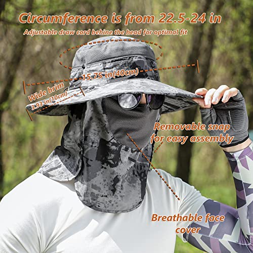 UPF 50+ Sun Fishing Hat for Men Women Wide Brim Hat with Detachable Face Cover & Neck Flap