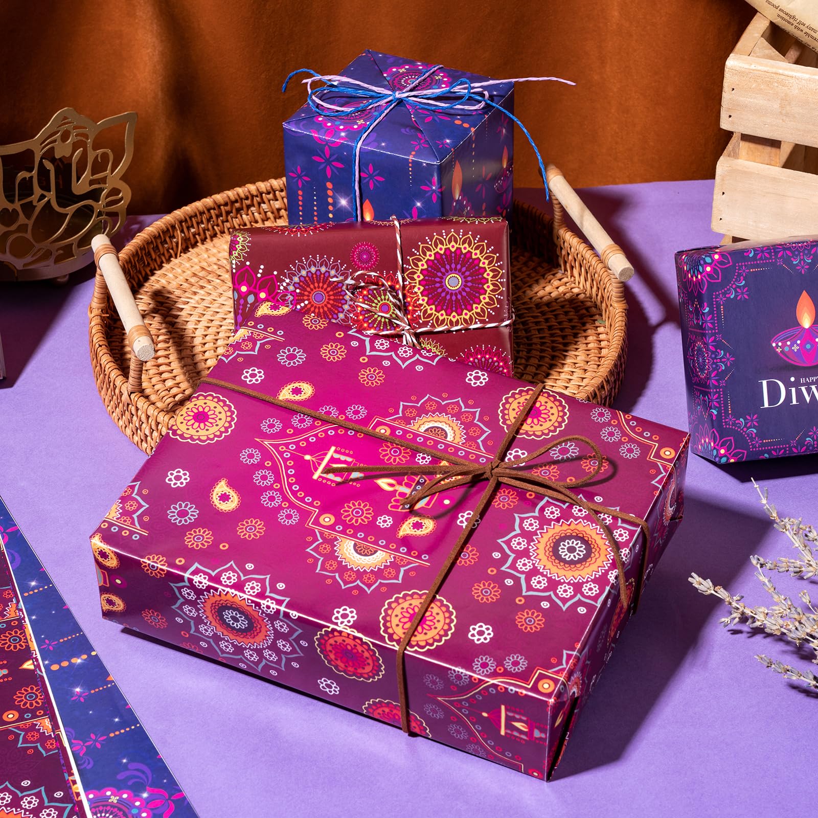 RUSPEPA Wrapping Paper Sheet - Oil Lamp Pattern Great for Diwali, Holiday and Party - 12 Folded Sheets - 19.68 X 27.5 Inch per sheet