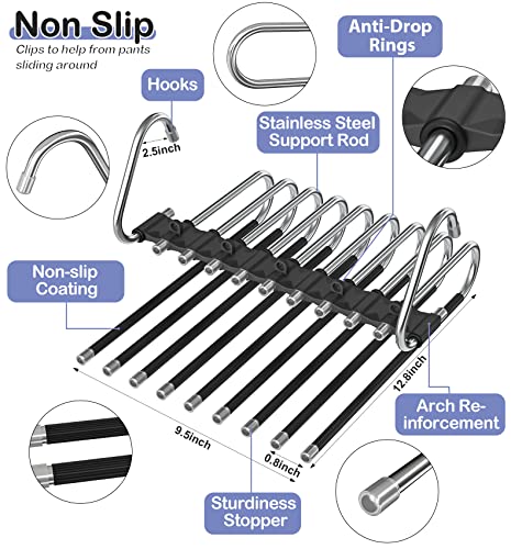 Upgrade 9 Layers Pants Hangers Space Saving, 2 Pack Non Slip Stainless Steel Multifunctional Pants Rack Closet Pant Hanger Organizer with Hooks for Pants Jeans Trousers Dorm Room Essentials, Black
