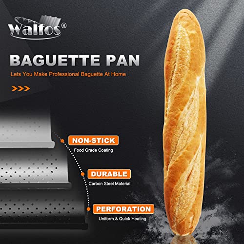 WALFOS 2PCS French Baguette Bread Pan ,with Professional Proofing Cloth, 15"X 13" Non-stick french bread pan, 4 Wave Loaves Loaf baguette pan for baking Toast Perforated Bakers Molding