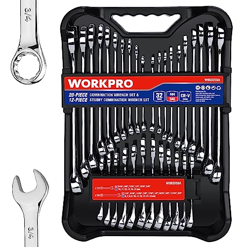 WORKPRO 32-Piece SAE & Metric Combination Wrench Set, 12 PT Regular and Stubby Wrenches set with Organizer Tray, Cr-V Steel Mirror Chrome Polished