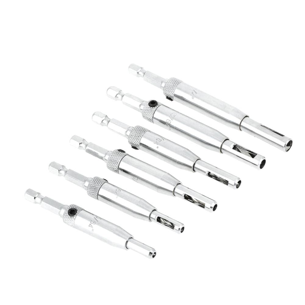 Self-Centering Drill Bit Set for Cabinet Doors and Woodwork - 6 Piece Multi-Size Hinge and Cabinet Door Drill Bit Set