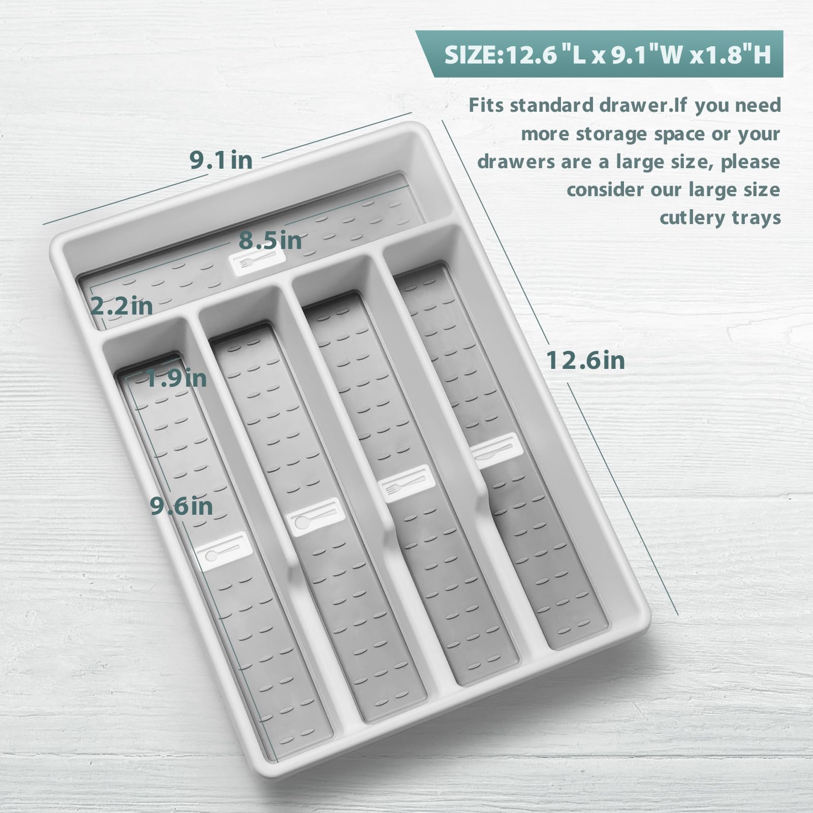 Joequality Silverware Organizer with Icons,Plastic Cutlery silverware Tray for Drawer,Utensil Flatware Tableware Organizer for Kitchen with Non-slip TPR,Fits Standard Drawer,5-Compartment,Grey