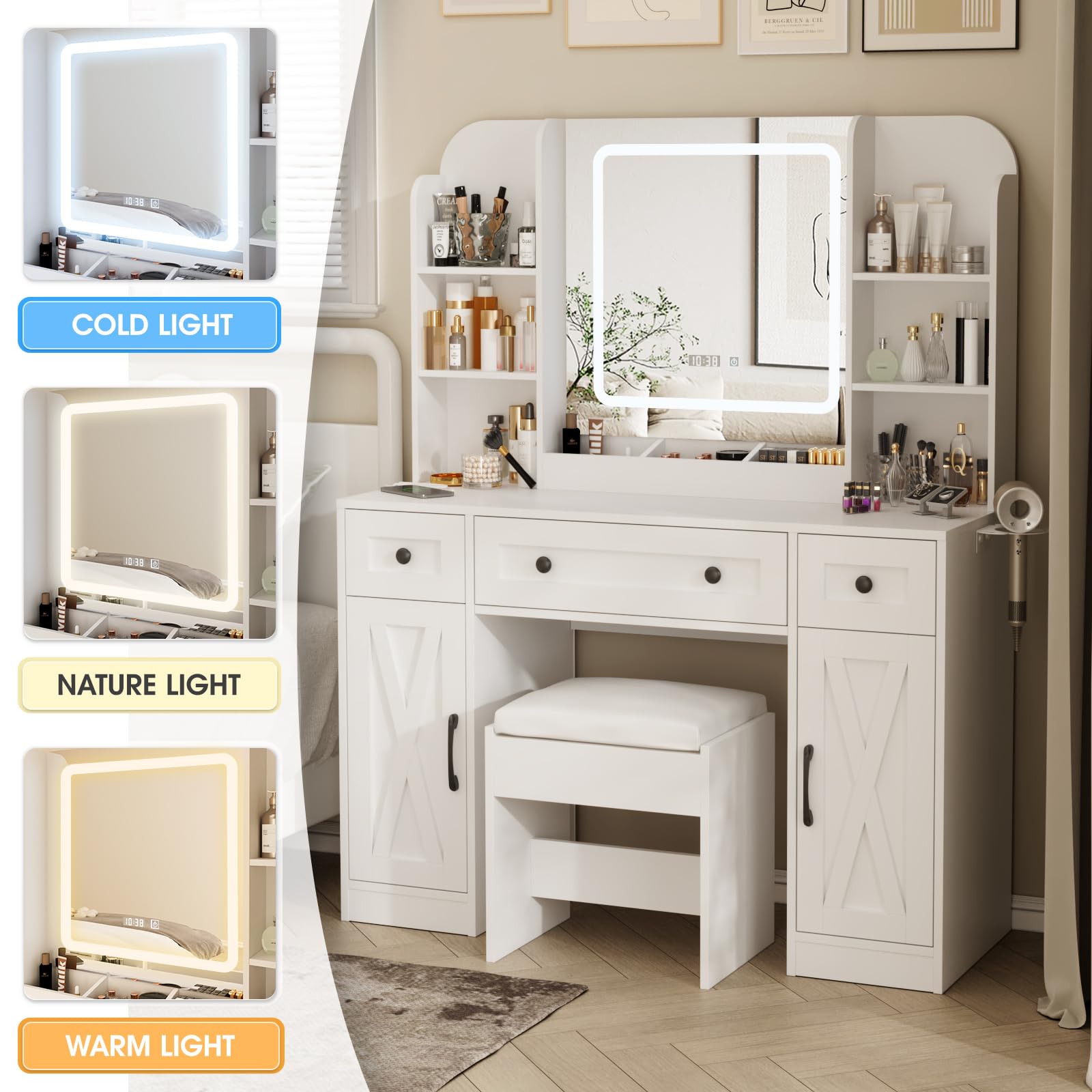 Vabches Black Vanity Desk, Vanity Mirror with Lights, Makeup Vanity Desk with Stool, Vanity Table with Large Storage Drawers and Shelves, Time and Temperature Display, 3 Led Lighting Modes Adjustable