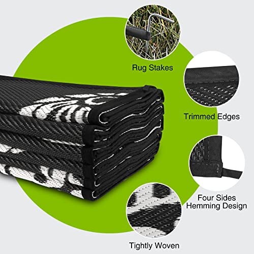 ONME Outdoor Rug RV Mat Recycled 9x12FT Reversible Mats with 8 Corner Loops for Outdoors, Patio, Backyard, Deck, Picnic, Beach, 8 Stakes and Carry Bag Included (Black and White Paisley)