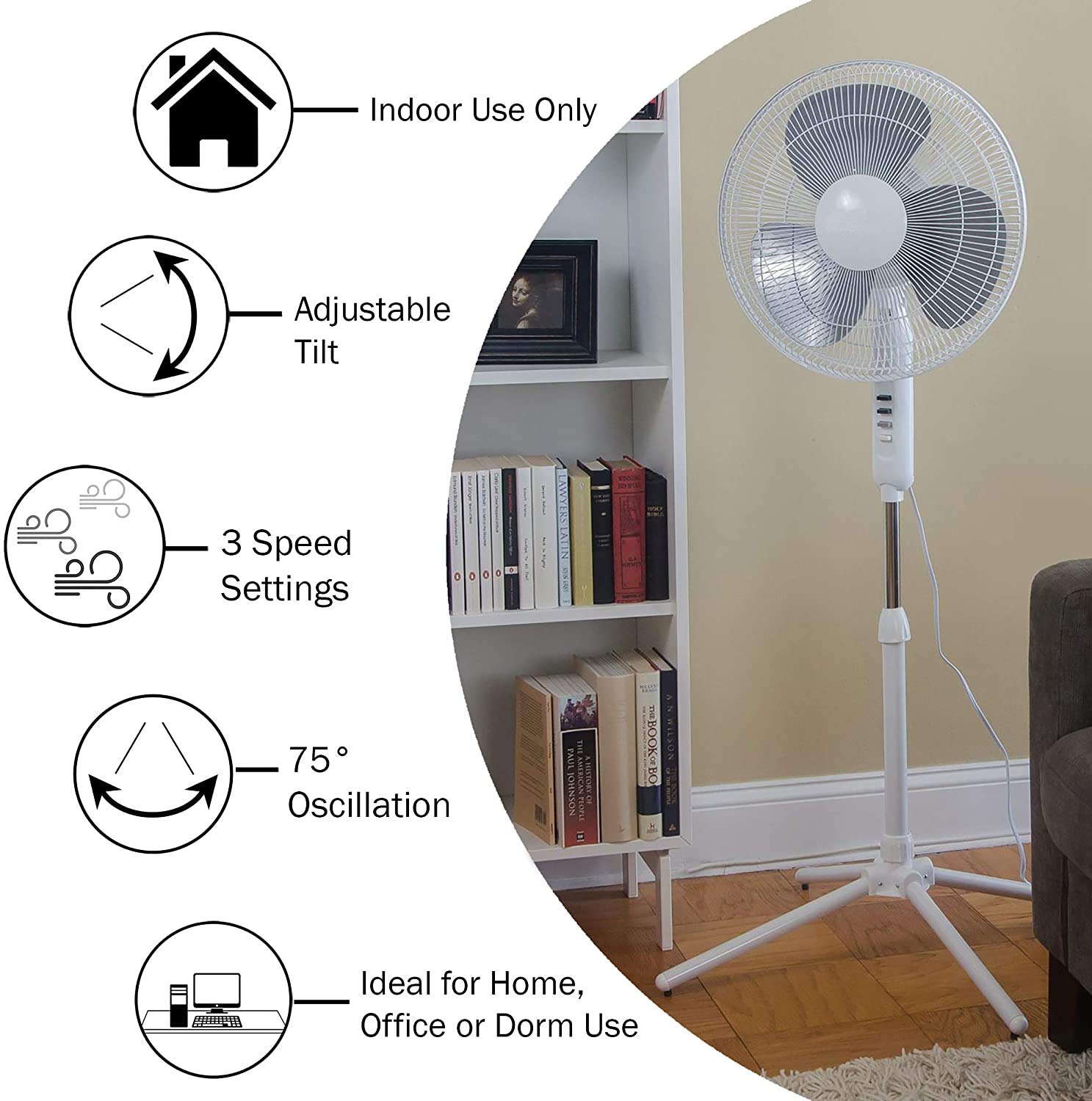JOEY'Z 3-Speed 16-inch Oscillating Pedestal Stand Fan with Folding Base and Adjustable Height and Tilt