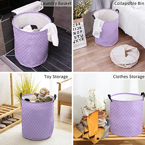 Purple White Polka Dot Large Laundry Basket, Waterproof Laundry Hamper for Baby Clothes, Simple Texture Spring Color Foldable Laundry Baskets with Handles, 13.8''x17''