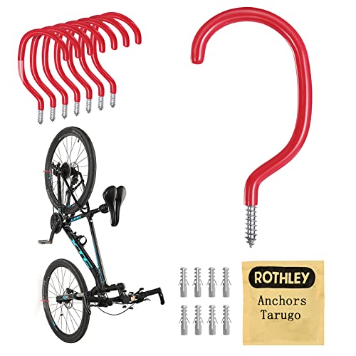 ROTHLEY Garage Hooks Heavy Duty : Bike Hooks for Garage Wall Ceiling Thickened Vinyl Coating Bike Hangers for Garage Large Screw in Storage Hooks Bicycle Hooks for Hanging in Garage (8 Pack,Red)