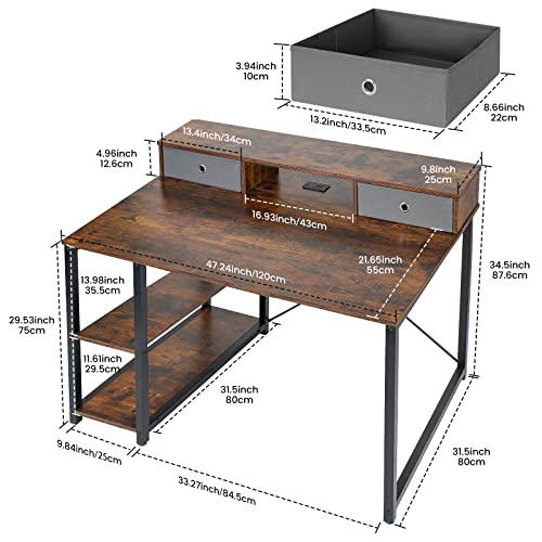 TOPSKY 47βx 31.5β Computer Desk with Drawers, Monitor Stand, Storage Shelf, 3-Port Charging Station (Rustic Brown)