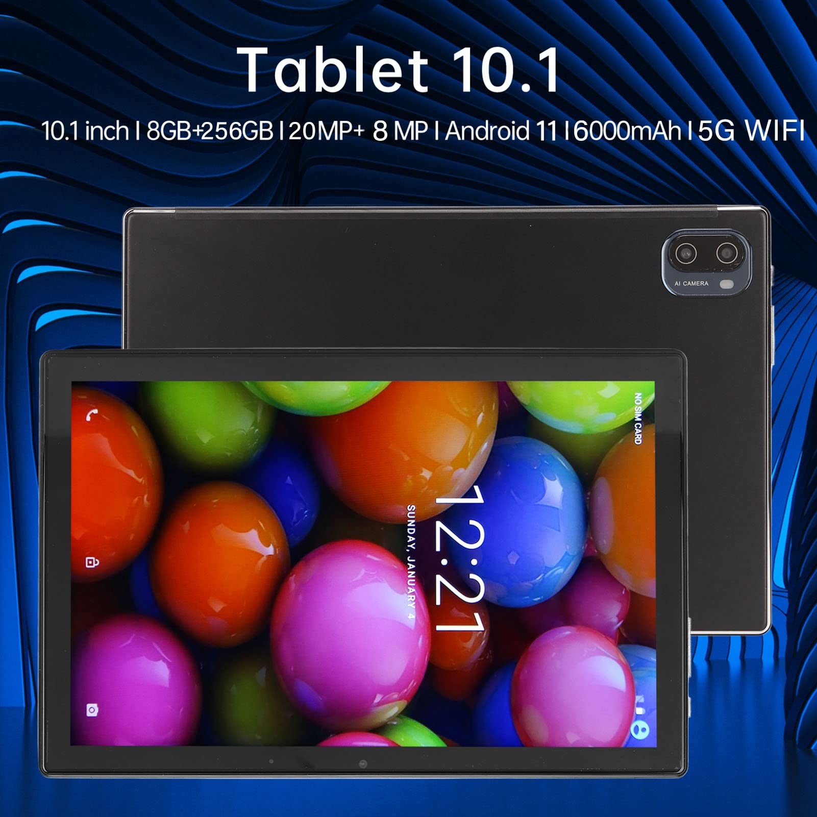 Septpenta 10.1in Tablet for Android 11, 8G 256G 1960X1080 2.5D Curved Glass IPS HD Touchscreen 8 Core 4G Calling Tablet, 8MP 20MP 6000mAh 2.4G 5G WiFi 178° Viewing Angle 100‑240V(USA)