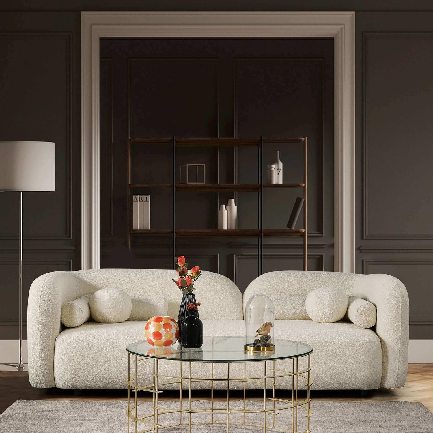 SSC SATISUNCASA Japandi Style Boucle Sofa, Modern Tight Curved Back Sofa, Minimalist Style Comfy Couch for Living Room Apartment (Light Beige + Boucle Tedyy)