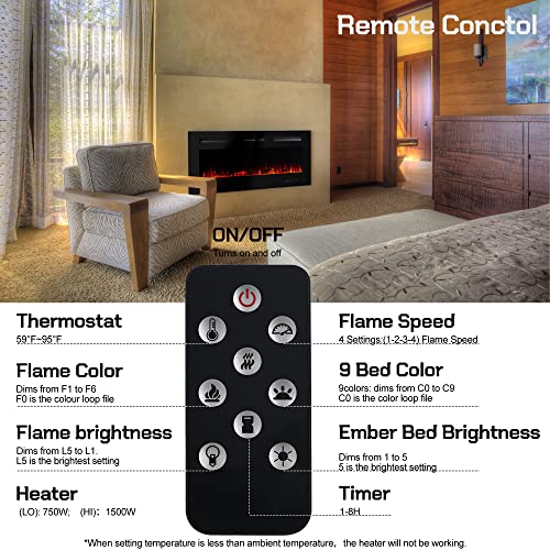 Uthfy 50" Electric Fireplace,1500W Recessed & Wall Mounted Fireplace Heater & Linear Fireplace,6 Flame Colors & 9 Ember Bed Colors,Remote Control,8H Timer,Adjustable Thermostat, Black (HY-HW50)