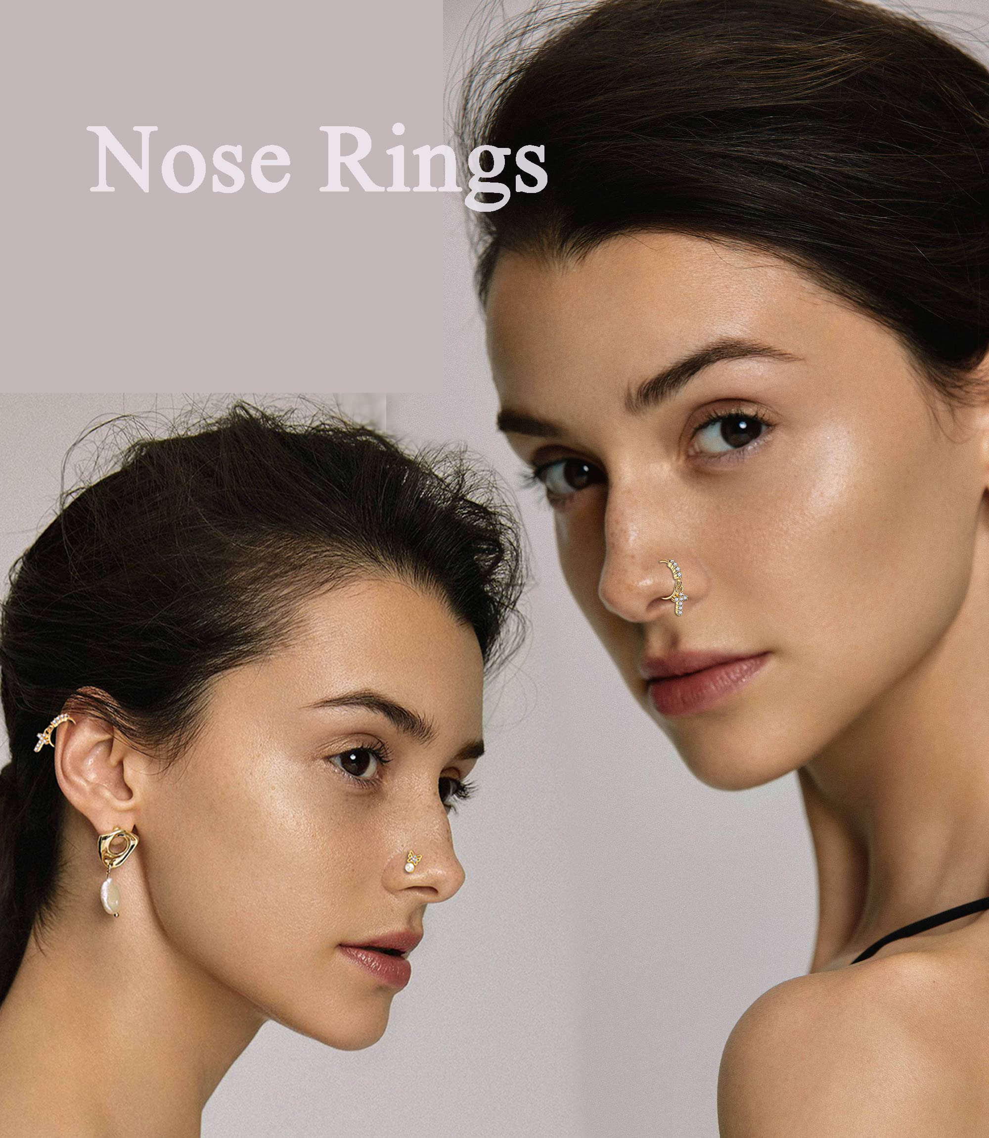 MJust 20G Dangle Nose Ring L Shaped Dangling Nose Stud for Women Stainless Steel Nose Ring Studs CZ Flower Dangle Nose Rings Hoops Nose Piercing Jewelry with Charm(Gold)