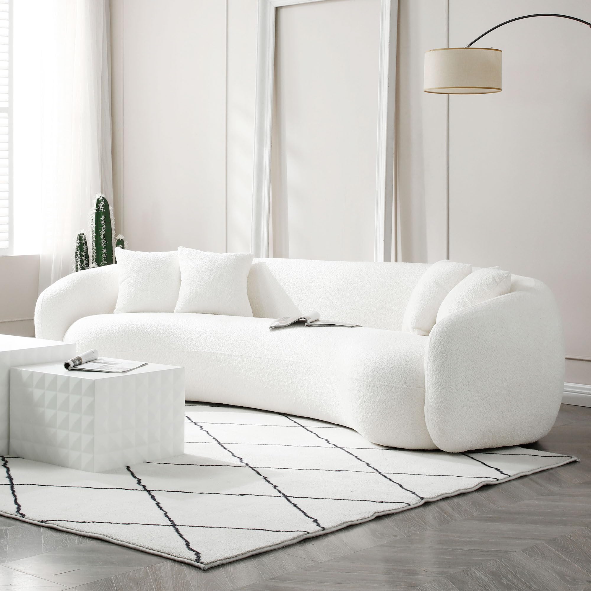 SSC SATITUNCASA 102β Luxury Modern Boucle Curved Sofa Couch, Minimalist Style Comfy Sofa Couch for Living Room, Apartment, Home Office, 3 Seater Curved White Sofa(White 102)