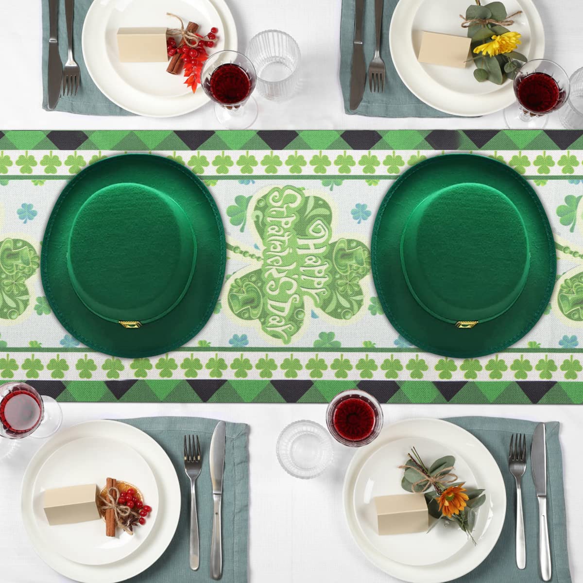 St Patricks Day Shamrock Table Runner 14 x 74 Inch,Pure Linen,Seasonal Spring Holiday Kitchen Dining Table Decoration for Home Decorations, Party, Dinner and Gatherings