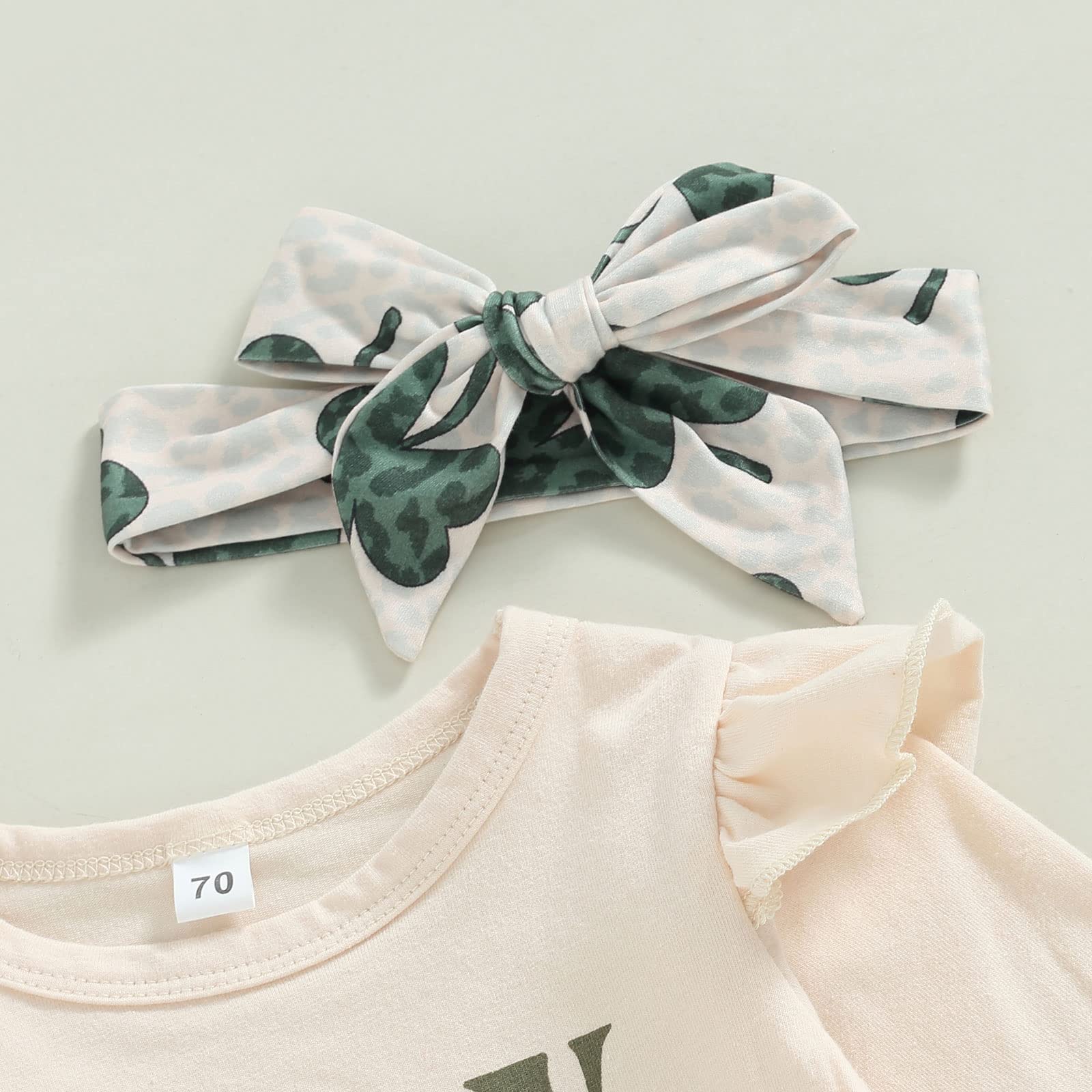 St. Patricks Day Baby Girl Outfit Ruffle Long Sleeve Romper Shamrock Flared Pants Headband 3Pcs Clothes Set (Apricot, 0-6 Months)