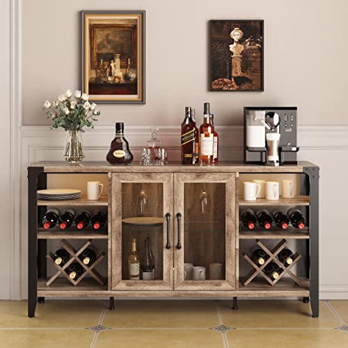 Vabches Wine Bar Cabinet for Liquor and Glasses, Farmhouse Coffee Cabinet, Home Living Room Dining Room, Sideboard Buffet with Storage Kitchen, 58 in(L) (Rustic Oak)