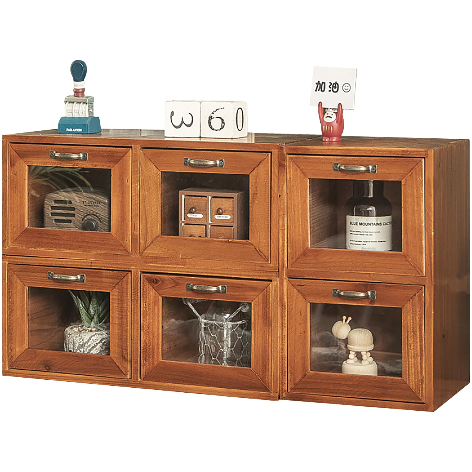 Set of 3 Desktop Organizer with Drawers - 2-Drawer Wood Organizer for Desk - Vintage Countertop Drawers with Glass Doors - Wooden Organizer Box for Index Card Catalog, Collectibles, Herb Storage