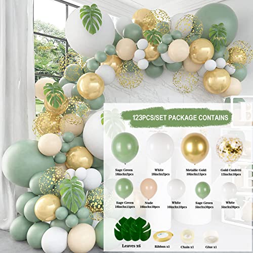 Sage Green, White, Gold and Gold confetti Ballon Garland Arch Kit 132 pcs
