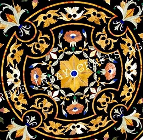 Pietra Dura Natural Black Marble Round 33" x 33" Inch Coffee Table Top, Black Marble Round Dining Table Top, Marble Centre Table Top, Piece Of Conversation, Family HeirLoom