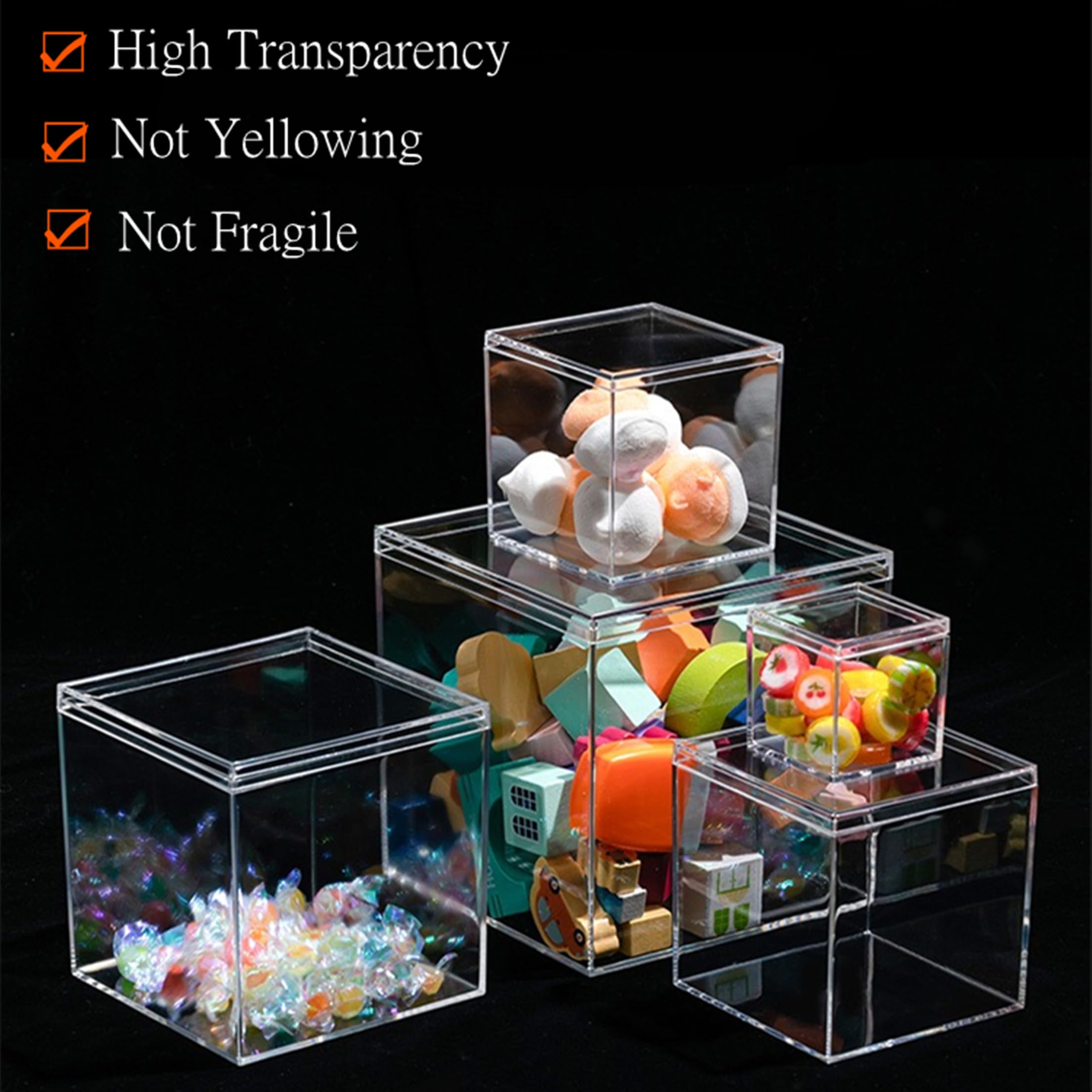 Set of 5 Crystal Clear Acrylic Cube Display Boxes Acrylic Stand Risers Transparent Square Cube Containers, Decorative Acrylic Storage Boxes with Lids for Collectibles,Wedding, Party, Treats, Jewelry