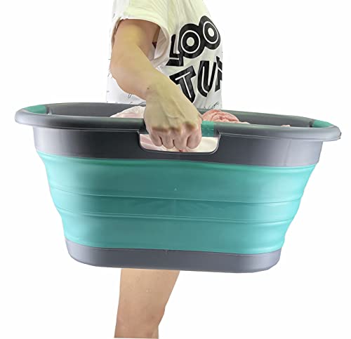 SAMMART 40L (10.5 gallon) Collapsible Plastic Laundry Basket - Foldable Pop Up Storage Container/Organizer - Portable Washing Tub - Space Saving Hamper/Basket (Purplish Blue + Turquoise Blue)