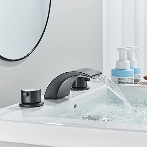 Oulantron ORB Waterfall Bathroom Faucet Widespread for Sink, Bathroom Basin Sink Faucet LED with Changing, 3 Holes 2 Handle Basin Mixer Tap Solid Brass Vanity Bathroom Sink Faucet
