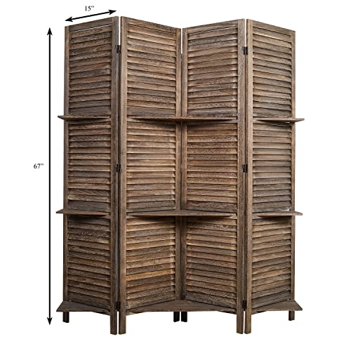 Proman Products Rancho Shelf 4 Panel Room Divider FS17191, Folding Screen, Privacy Screen, Room Partition, Paulownia Wood, (Max Extend with Shelves) 47" W x 11" D x 67" H, Rustic Brown