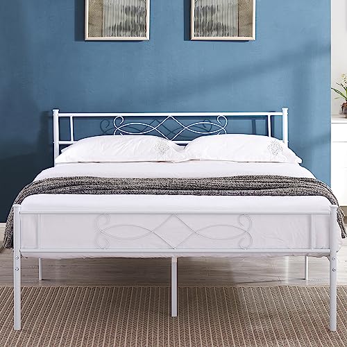 VECELO 14" Full Size White Metal Platform Bed Frame with Headboard,Premium Steel Slat Support/No Box Spring Needed/Noise-Free/Easy Assembly