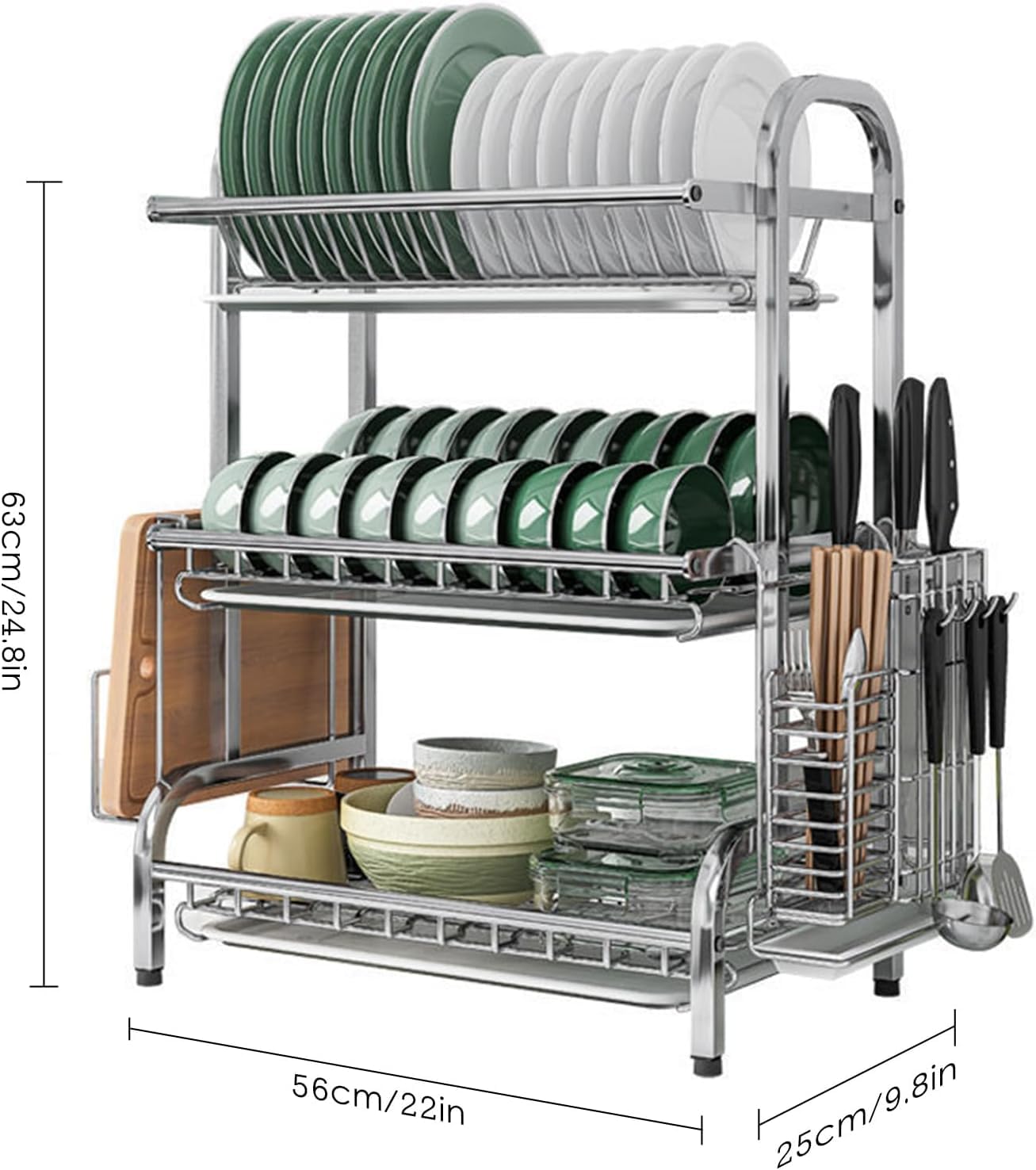 Stainless steel kitchen utensil drain rack - rust proof, kitchen countertop three-layer utensil rack with drainage layer, cutting board rack, dishwashing rack, large capacity kitchen storage rack