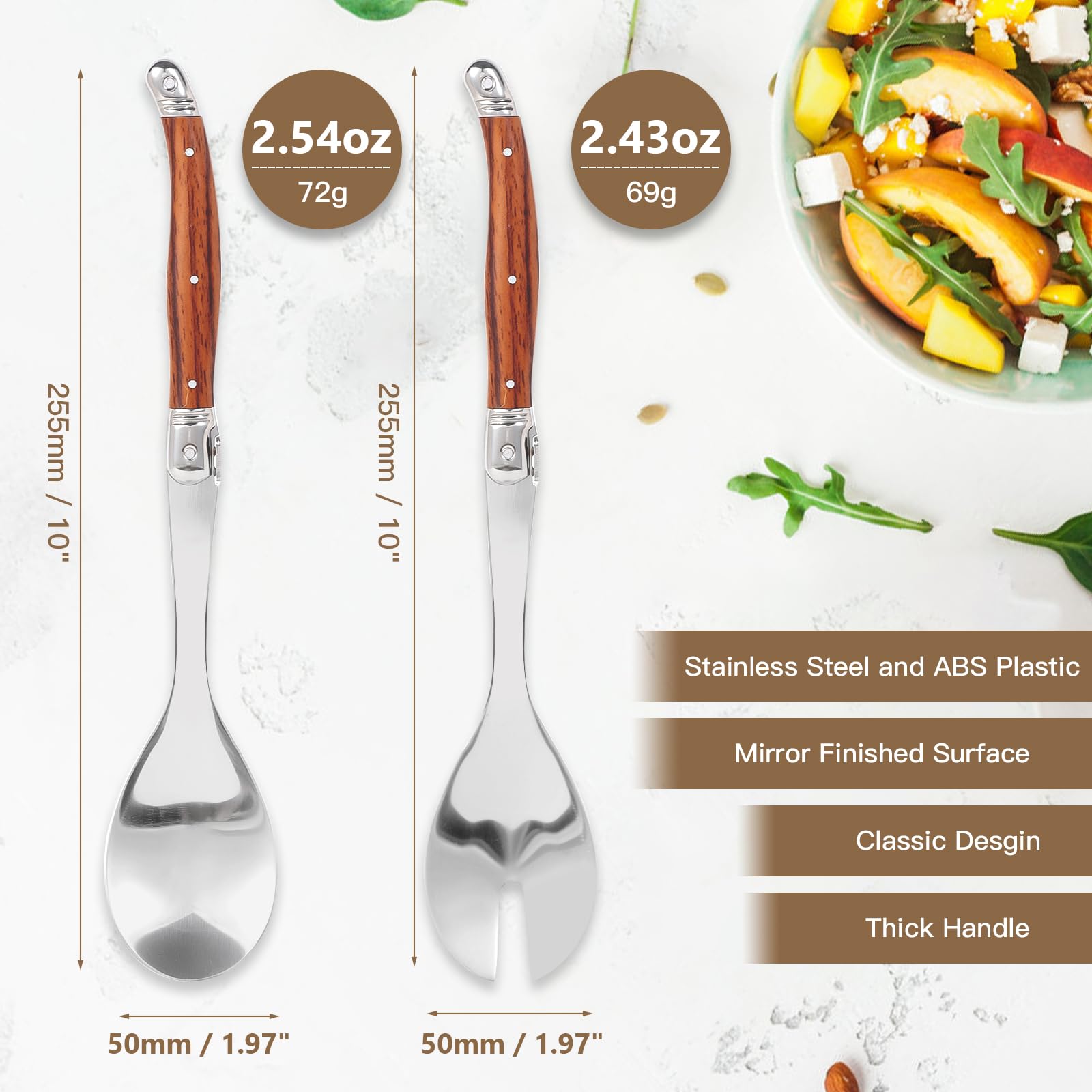 Salad Servers Set - 10" Spoon and Fork Utensils for Serving Salad Stainless Steel - Set of 2 Salad Spoon and Salad Fork Kitchen Salad Tongs (Black)