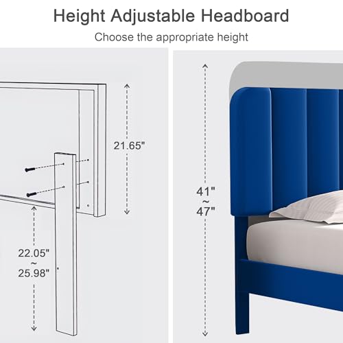VECELO Twin Size Upholstered Bed Frame with Adjustable Headboard, Velvet Platform Bedframe Mattress Foundation, Strong Wood Slat Support, No Box Spring Needed, Dark Blue