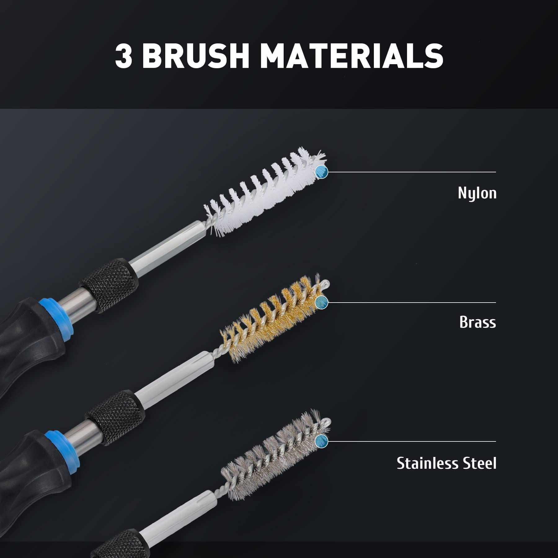 Orion Motor Tech 38pc Wire Brush Set, Bore Brush for Drill with 1/4 Inch Hex Shank and Long Extension Bars, 8-19mm Dia Round Wire Brush Kit, 0.31-0.75 Inch Stainless Steel Brass Nylon Cleaning Brushes