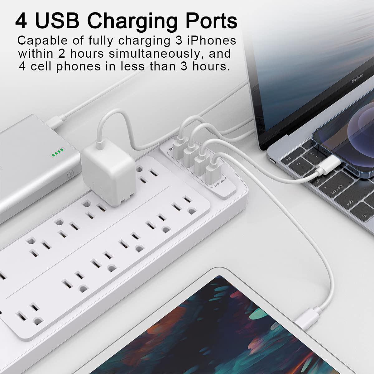 Power Strip,ALESTOR Surge Protector with 12 Outlets and 4 USB Ports, 6 Feet Extension Cord (1875W/15A) for for Home, Office, Dorm Essentials, 2700 Joules, ETL Listed (White)…