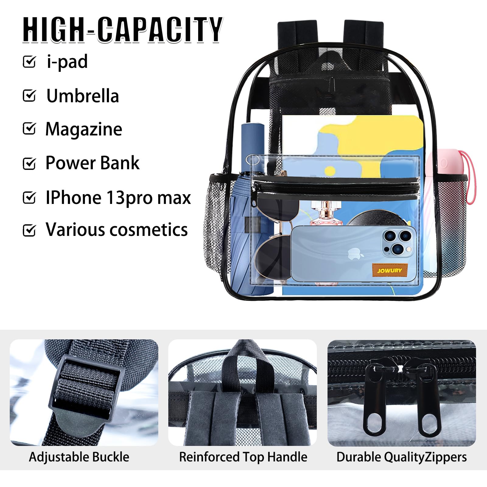 JOWURY Clear Backpack - Heavy Duty PVC Transparent Backpack, See Through Large Capacity School Backpack for Students, Concerts, Work, Safety, Travel (15", Suitable for Kids)