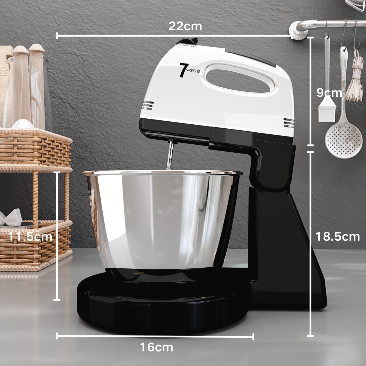 Stand Mixers, 7 Speeds With 3QT Stainless Steel Bowl, Stand and Hand Mixer with Dough Hook, Whisk, Mixing Beater for Baking, Cake, Cookie, Kneading (QD1)