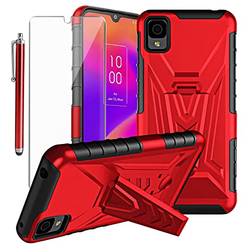 YJROP for TCL A3/A30/ion z Case with Tempered Glass Screen Protector Protection Cover Shockproof Heavy Duty [Military-Grade] Rugged Phone Case with Kickstand for TCL A3/A30/ion z (2022) 5.5" (red)