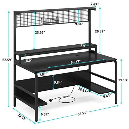 Tribesigns 55 Inch Gaming Desk with 2-Outlet & 2 USB Ports, Large Computer Desk with Monitor Stand, Ergonomic Gamer Table with Metal Storage Basket, Black