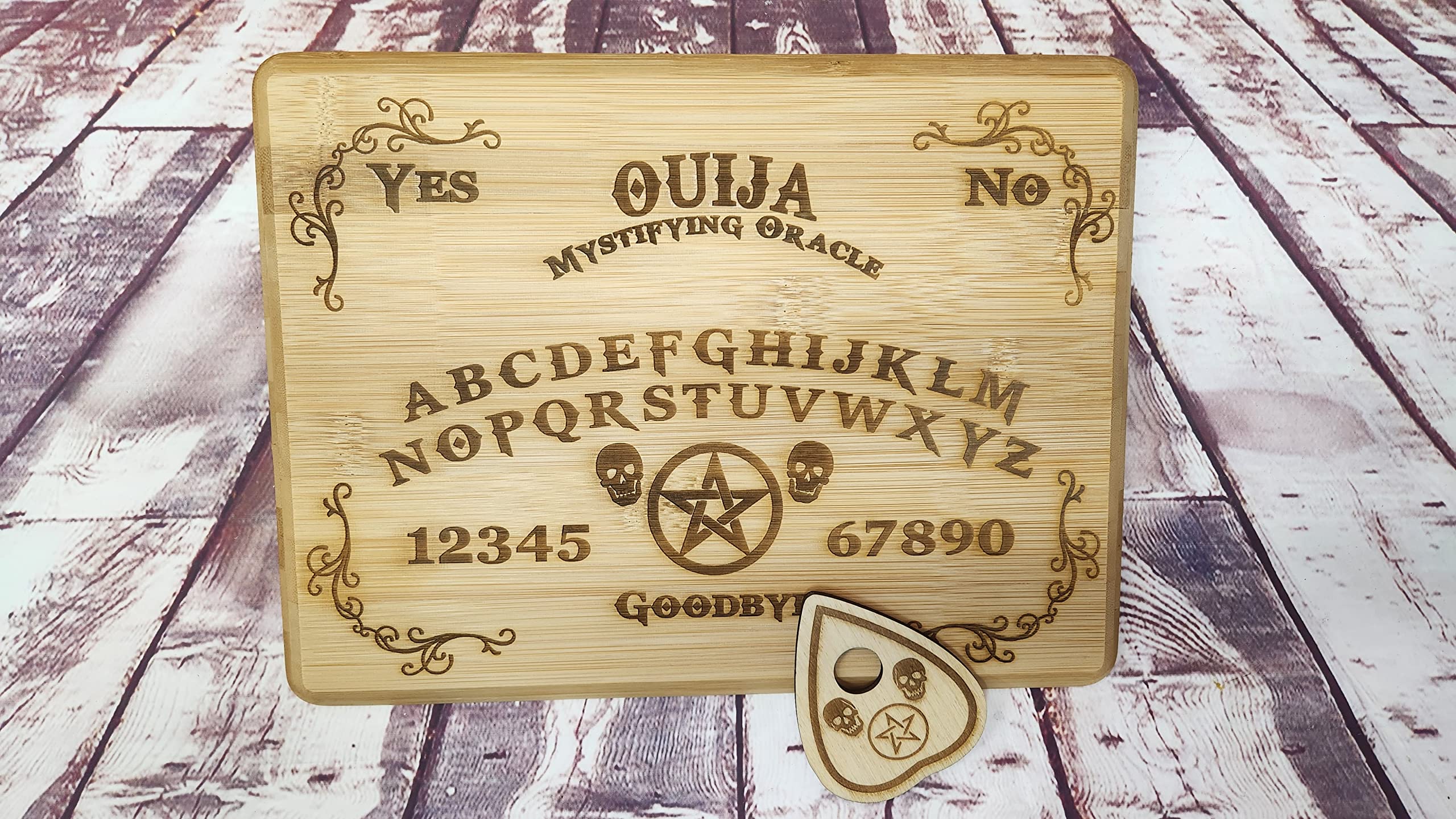 Ouija Spirit Talking Bamboo Cutting Board with Slider/Kitchen Carving Board 12x9 / Novelty Ouija Board