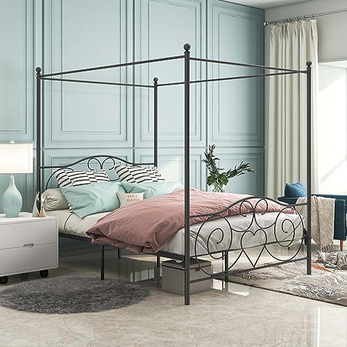 Queen Size Metal Canopy Platform Bed Frame with Vintage Headboard and Footboard, 4 Posters Sturdy Steel Mattress Foundation, No Box Spring Needed for Boys Girls Teens Adults, Under Bed Storage