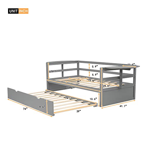 SOFTSEA Twin Daybed with Foldable Shelves, Wood Day Bed Frame with Trundle (Gray)