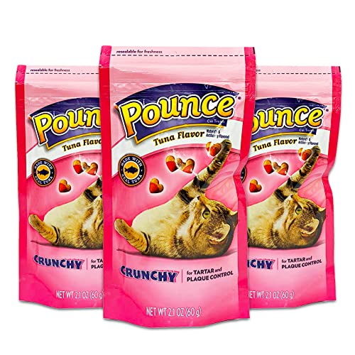 Pounce Crunchy Tuna Cat Treats 3 Pack ~ Pounce Real Tuna Cat Treats for Indoor Outdoor Cats and Kittens | Daily Pet Essentials for Owners (2.1 oz Each)